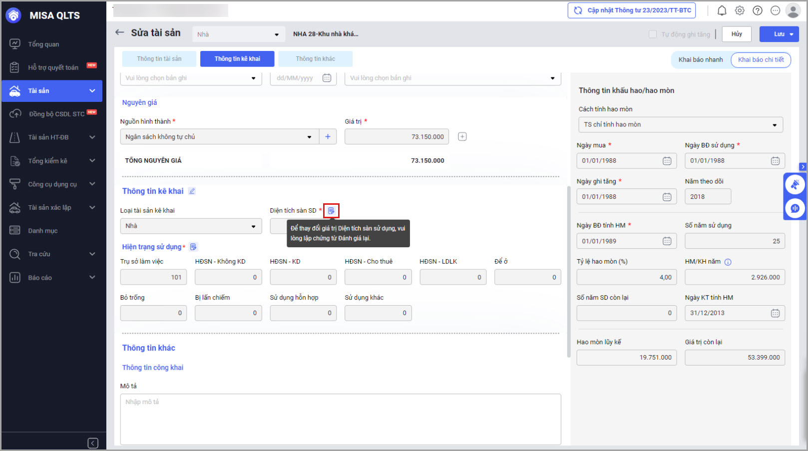 Cán bộ QLTS mong muốn theo dõi nội dung cảnh báo phù hợp với vấn đề xảy ra khi lập chứng từ Thay ...